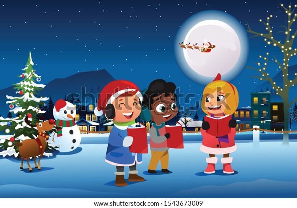 Vector Illustration Children Singing Outdoor During Stock Vector ...