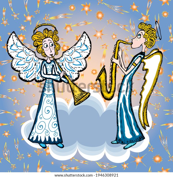 Vector Illustration Couple Angels On Cloud Stock Vector (Royalty Free ...