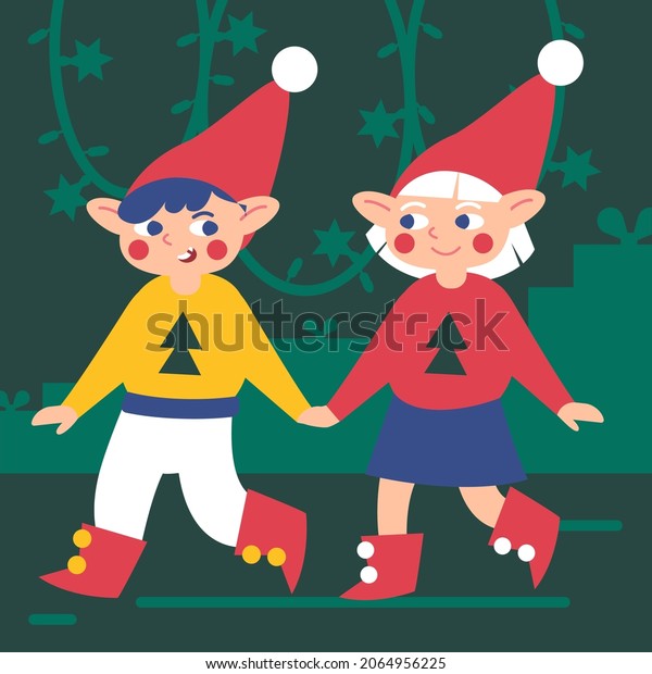 Vector Illustration Couple Elfs Christmas Eve Stock Vector (Royalty ...