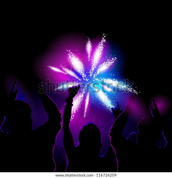Vector Illustration Crowd Watching Cheering Fireworks Stock Vector ...