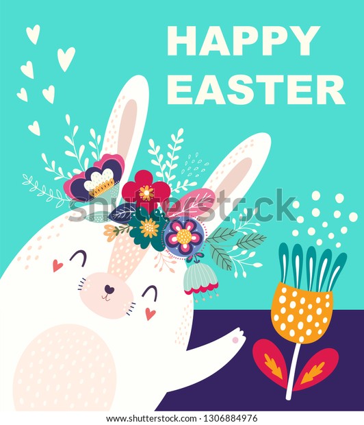 Vector Illustration Cute Bunny Flowers Easter Stock Vector (Royalty ...