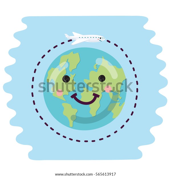 Vector illustration of cute cartoon earth and plane moving around with ...