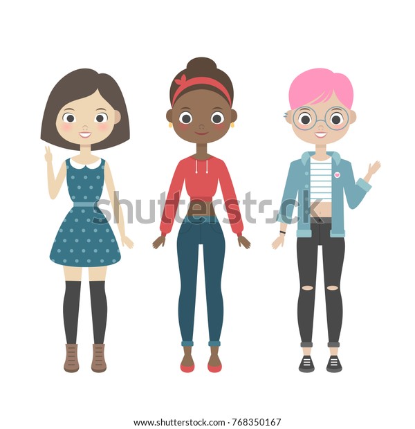 Vector Illustration Cute Girls Different Races Stock Vector (Royalty ...