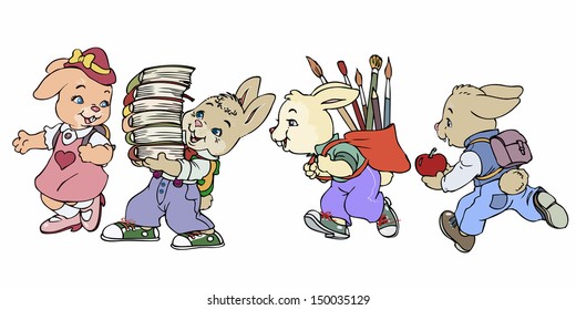Vector Illustration Cute Rabbits Going School Stock Vector (Royalty ...