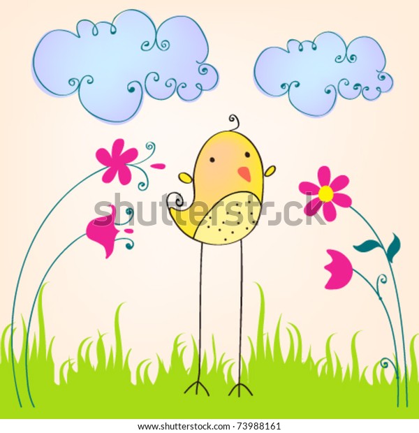Vector Illustration Cute Spring Bird Grass Stock Vector (Royalty Free ...