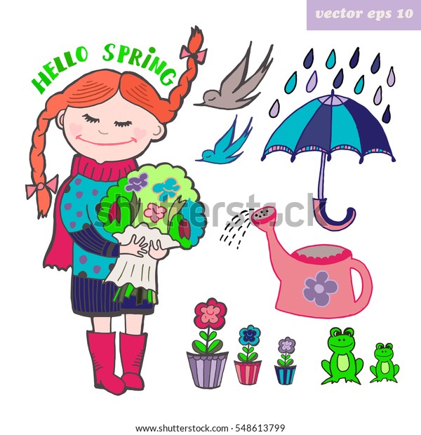 Vector Illustration Cute Spring Girl Bouquet Stock Vector (Royalty Free ...