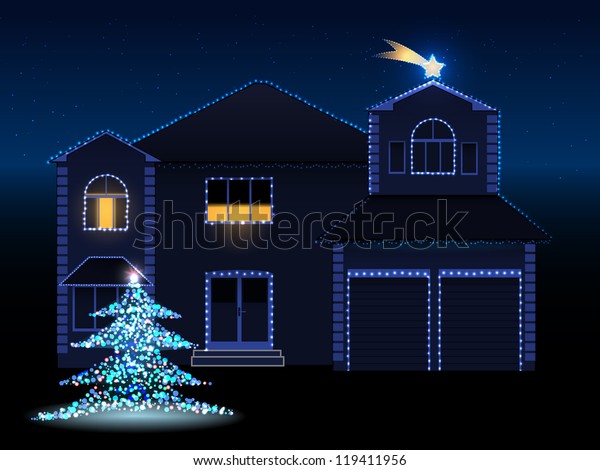 Vector Illustration Decorated House Lights Christmas Stock Vector ...