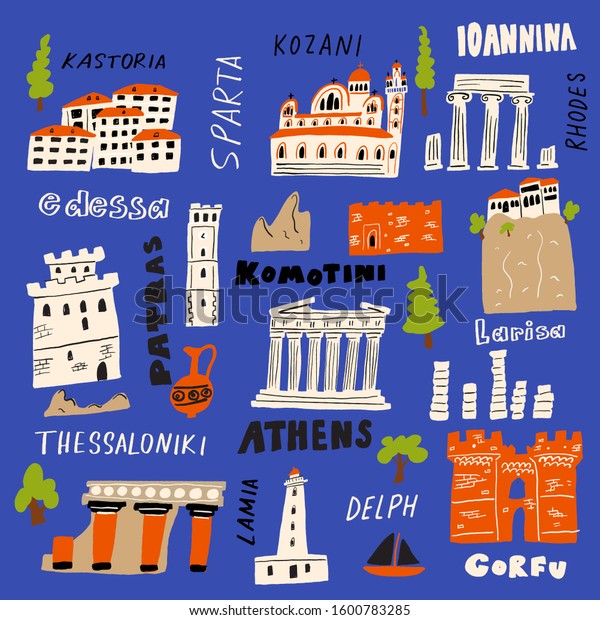 Vector Illustration Different Attractions Landmarks Greece Stock Vector ...