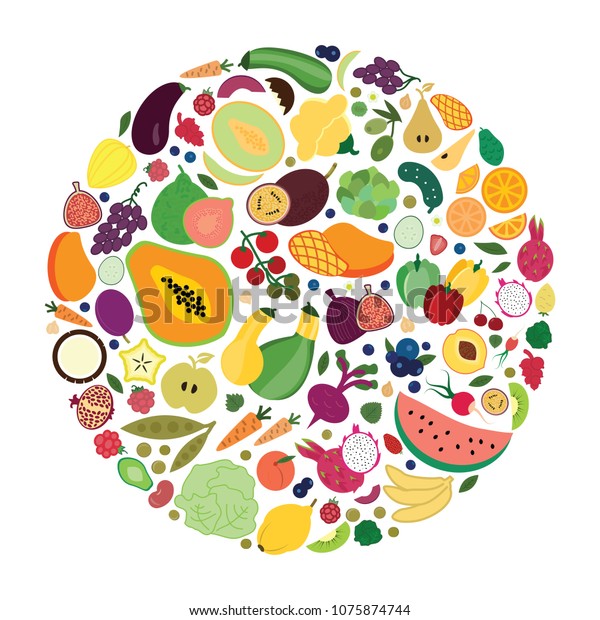 Vector Illustration Different Healthy Fruits Vegetables: เวกเตอร์สต็อก ...