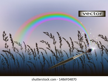 Vector Illustration Draw Rainbow Over Field Stock Vector (Royalty Free ...