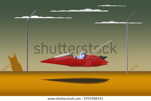 Vector illustration of a dystopian landscape with a red hover car and ...