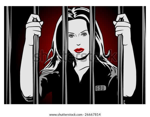 Vector Illustration Female Convict Behind Bars Stock Vector (Royalty ...