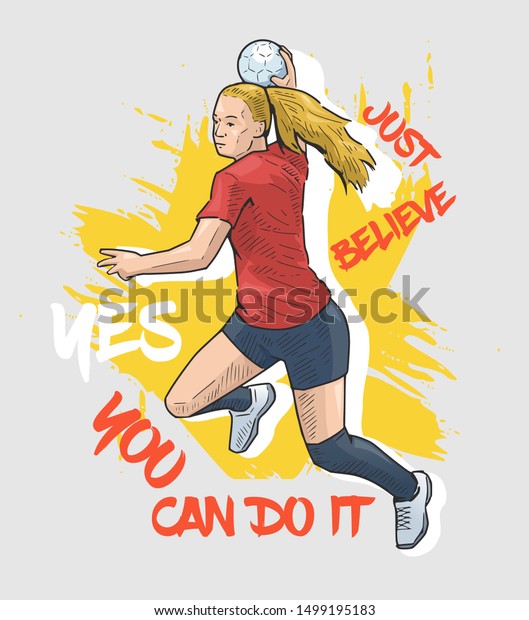 Vector Illustration Female Handball Player Jumping Stock Vector ...
