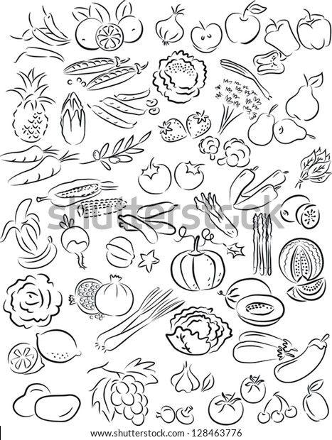 Vector Illustration Fruits Vegetables Set Line Stock Vector (Royalty ...