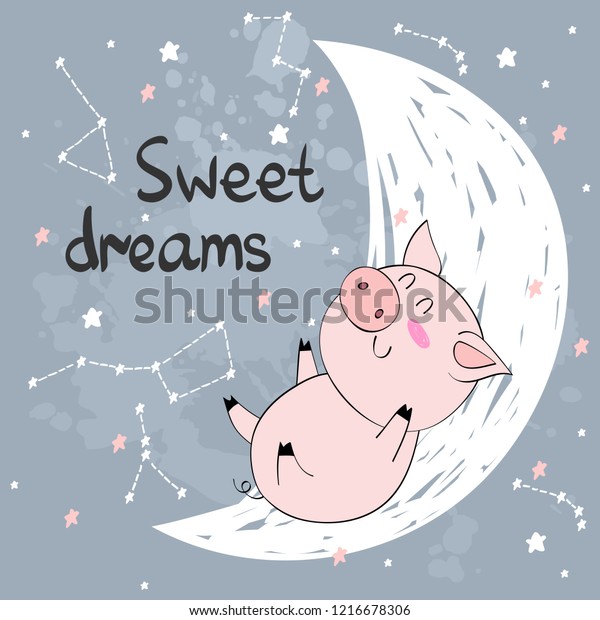Vector Illustration Funny Pig Moon Sweet 库存矢量图（免版税）1216678306