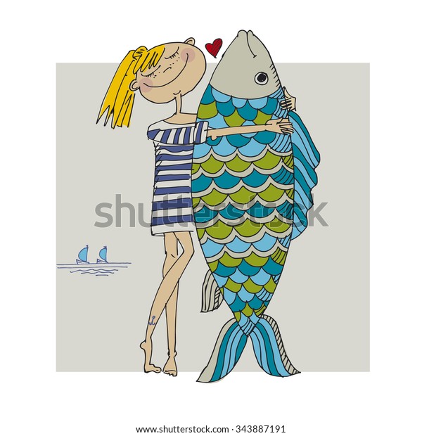 Vector Illustration Girl Big Fish Stock Vector (Royalty Free) 343887191 ...