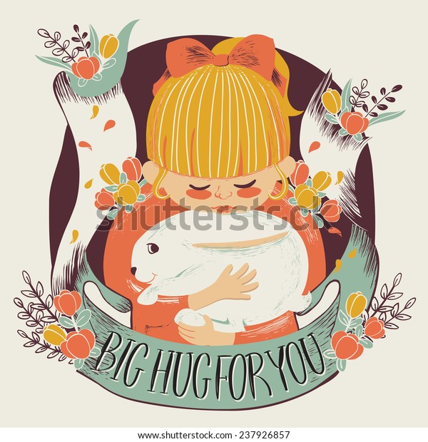 Vector Illustration Girl Hugging Rabbit Stock Vector (Royalty Free ...