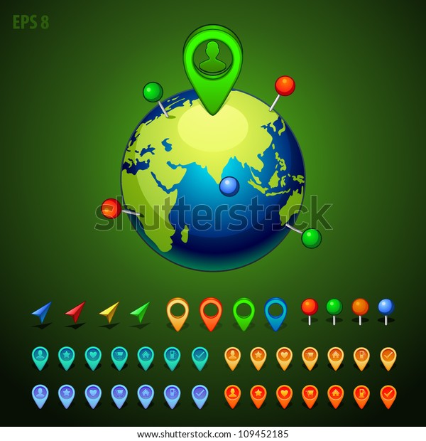 Vector Illustration Green Earth Pins Set Stock Vector (Royalty Free ...