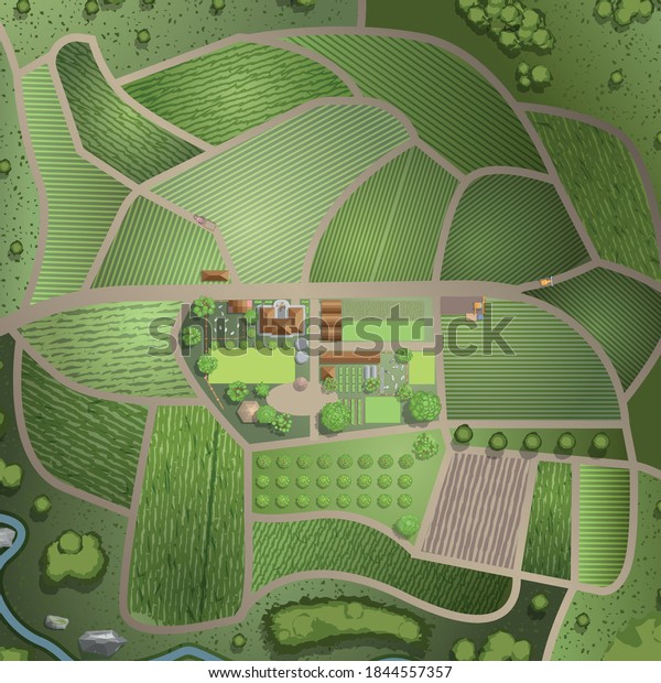 Vector illustration. Green farm in the landscape. (top view)