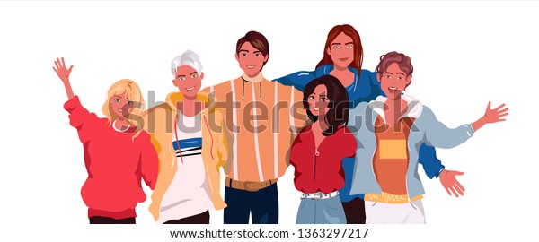 Vector Illustration Group Portrait Smiling Friends Stock Vector ...