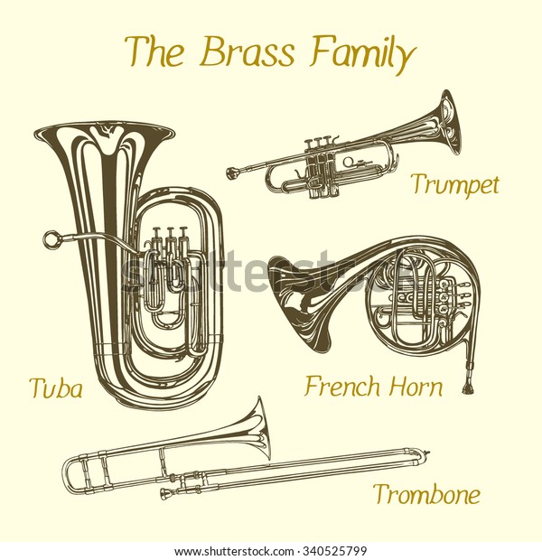 Vector Illustration Hand Drawn Brass Family: vector de stock (libre de ...