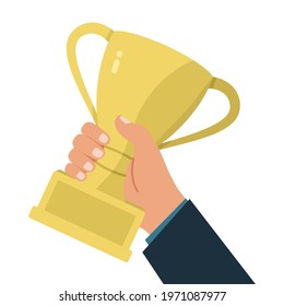 Vector Illustration Hand Holding Gold Trophy Stock Vector (Royalty Free ...