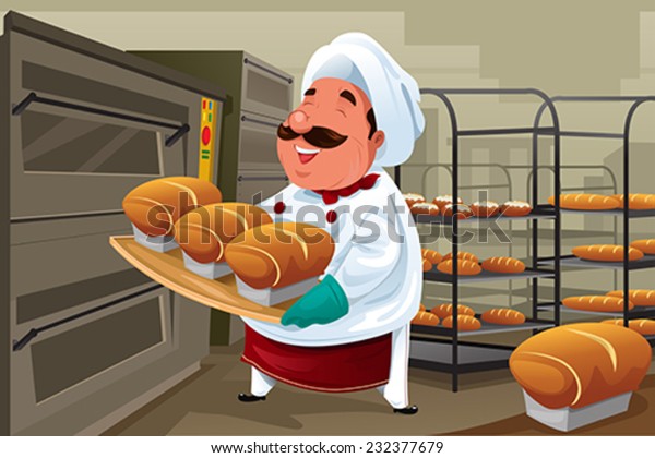 Vector Illustration Happy Baker Holding Breads Stock Vector (Royalty ...