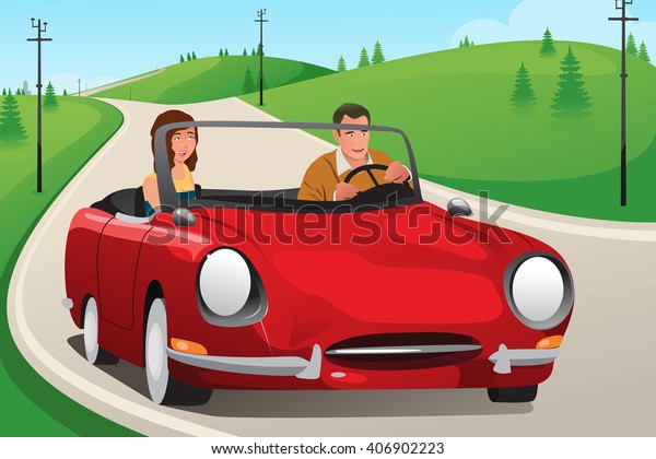 Vector Illustration Happy Couple Riding Convertible Stock Vector ...