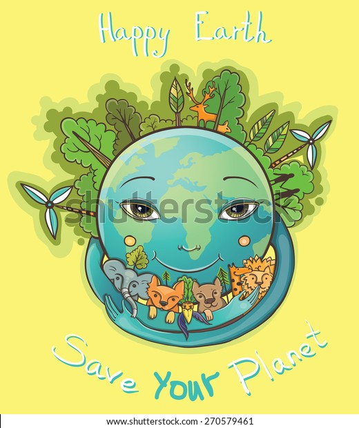 Vector Illustration Happy Green Earth Embracing Stock Vector (Royalty ...