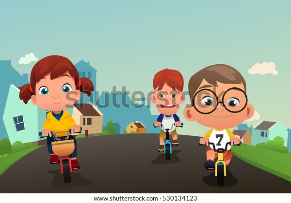 Vector Illustration Happy Kids Biking On Stock Vector (Royalty Free ...