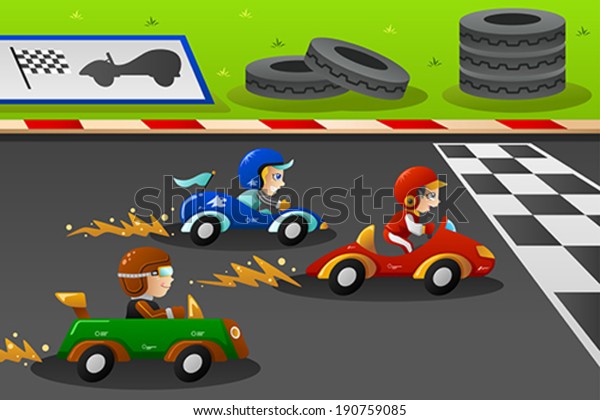 Vector Illustration Happy Kids Car Racing Stock Vector (Royalty Free ...