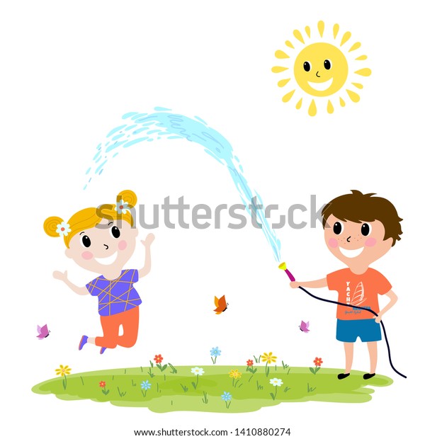 Vector Illustration Happy Kids Playing Outdoors Stock Vector (Royalty ...