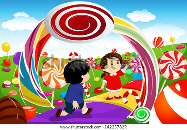 「Vector Illustration Happy Kids Playing Candy」のベクター画像素材（ロイヤリティフリー ...
