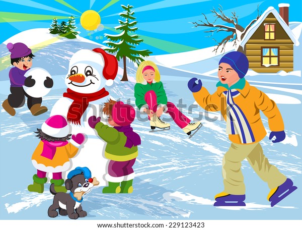 Vector Illustration Happy Kids Winter Season Stock Vector (Royalty Free ...