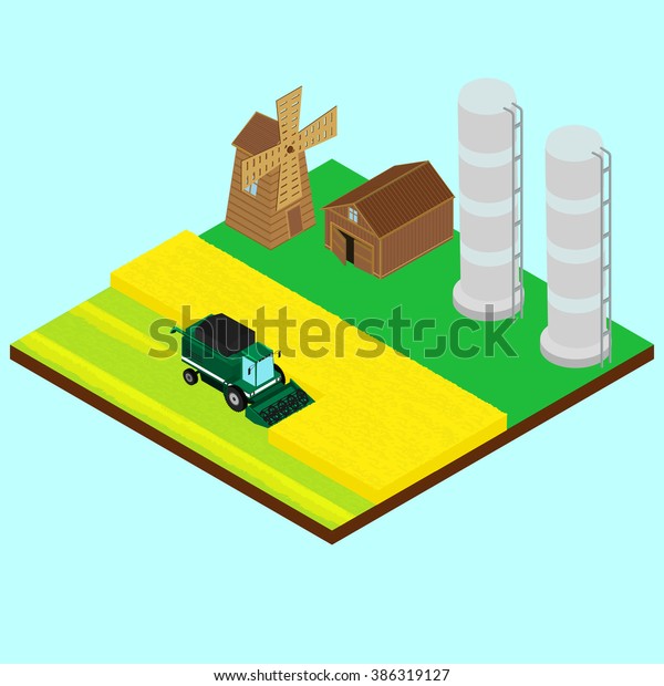 Vector Illustration Harvesting Wheat Harvester Windmill Stock Vector ...
