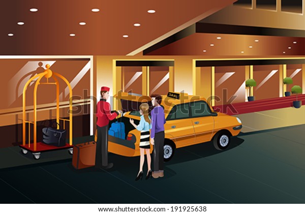 Vector Illustration Hotel Bellboy Helping Customers Stock Vector ...