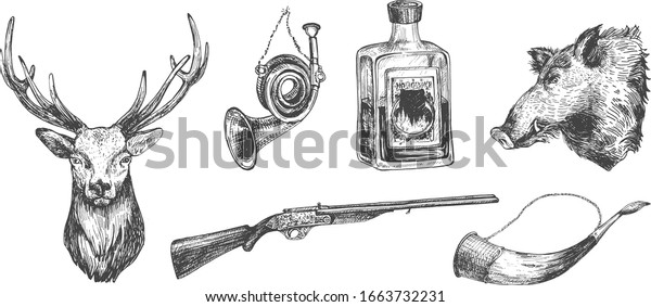 Vector Illustration Hunting Objects Set Hunters Stock Vector (Royalty ...