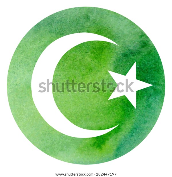 Vector illustration of Islamic symbol crescent and star on bright green ...
