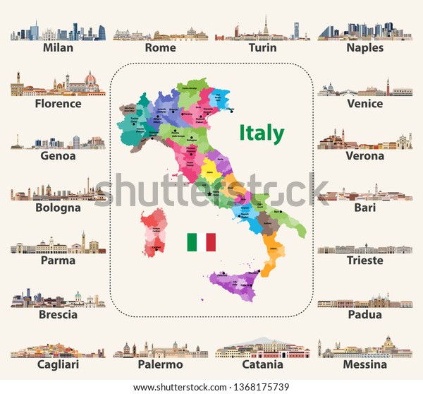 vector illustration of Italy map with main cities skylines