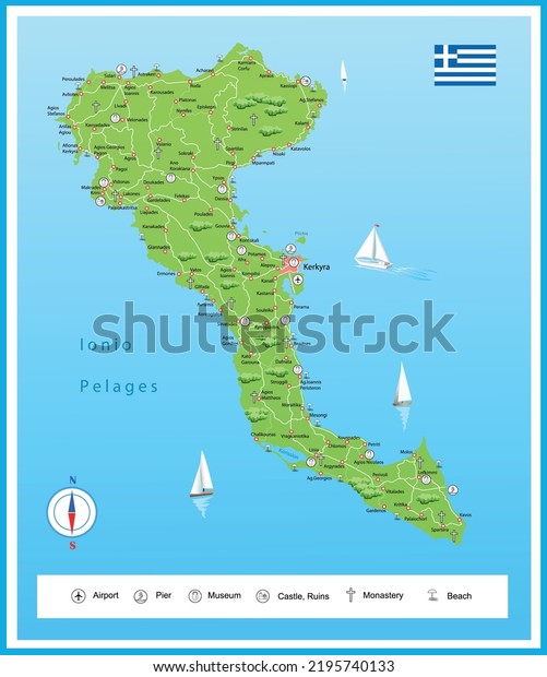 Vector Illustration Kerkyra Corfu Island Map Stock Vector (Royalty Free ...