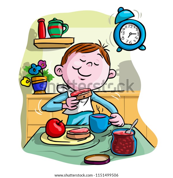 Vector Illustration Kid Eating Breakfast Cartoon: стоковая векторная ...