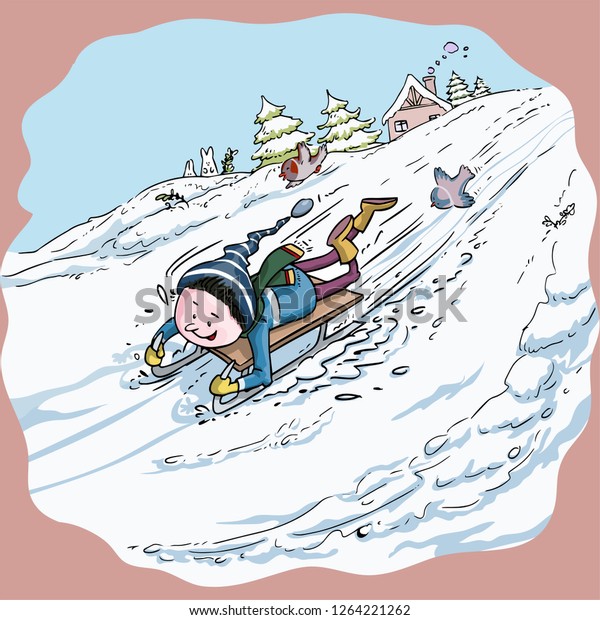 Vector Illustration Kid On Sleigh Cartoon Stock Vector (Royalty Free ...