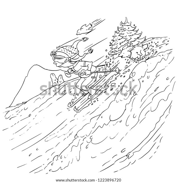 Vector Illustration Kid Skiing Coloring Drawing Stock Vector (Royalty ...
