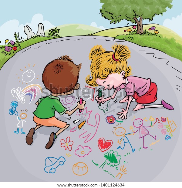 Vector Illustration Kids Drawing Chalk On Stock Vector (Royalty Free ...