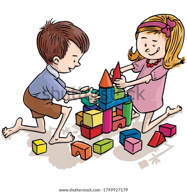 Vector Illustration Kids Playing Blocks Cartoon Stock Vector (Royalty ...