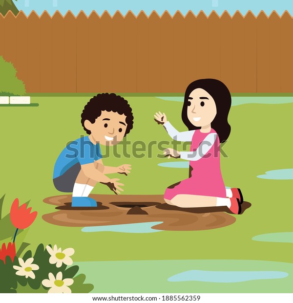 Vector Illustration Kids Playing Mud Flat Stock Vector (Royalty Free ...