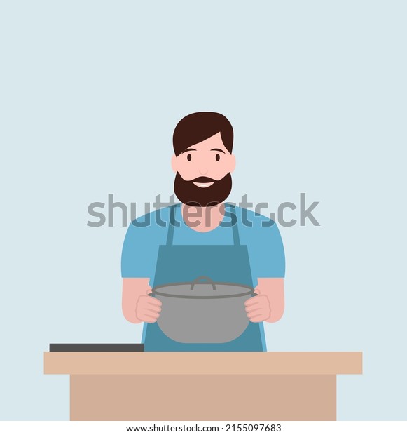 Vector Illustration Man Cooking Food Pot Stock Vector (Royalty Free ...