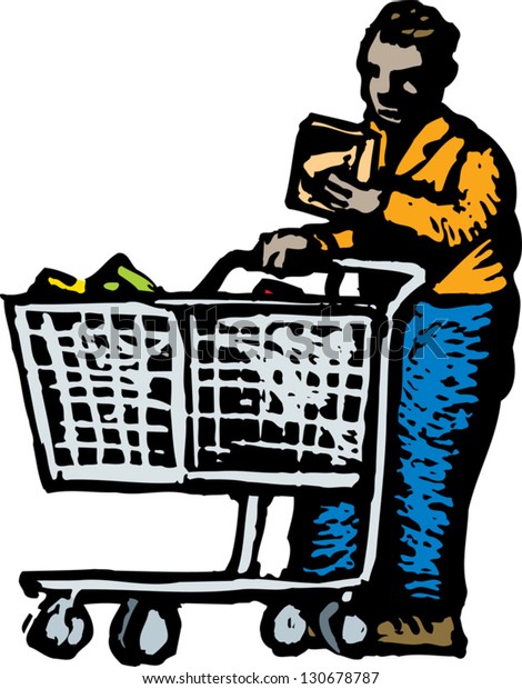 Vector Illustration Man Pushing Shopping Cart Stock Vector (Royalty ...