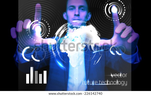 Vector Illustration Man Running Holographic Interface: стоковая ...