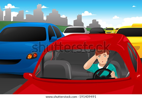 Vector Illustration Man Stuck Traffic Stock Vector (Royalty Free ...